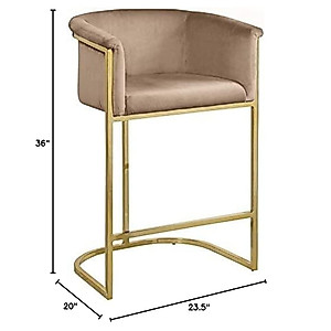 Meridian Furniture Donatella Collection Modern | Contemporary Velvet Upholstered Counter Height Stool with Durable Steel Base in Gold Finish, Beige, 23.5" W x 20" D x 36" H