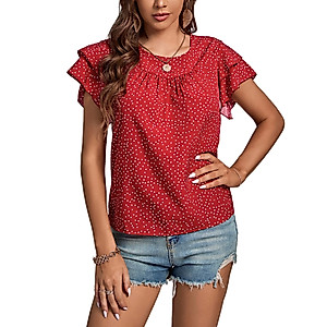 LYANER Women's Polka Dots Scoop Neck Layer Ruffle Trim Short Sleeve Blouse Shirt Top Red Medium