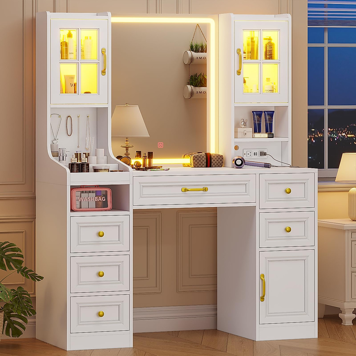 BTHFST White Vanity Desk with Touch Screen Mirror and Lights, Large Makeup Vanity with RGB Light Cabinets & Charging Station, 6 Drawers, 5 Jewelry Hooks, Vanity Table with Lighted Mirror