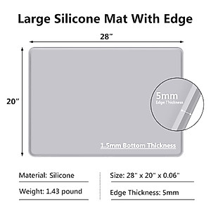 Gartful Silicone Mat for Kitchen Counter, 28" x 20" x 0.06" Thick Placemat - 0.2" Raised Edge, Extra Large Silicone Sheet with Lip, Counter Table Protector, Heat-Resistant Pad, Nonstick, Light Gray