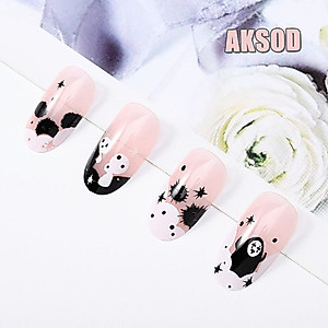 Aksod Ghost Press on Nails Short Glossy Virus Fake Nails Almond Cartoon Designed False Nails Tips Full Cover Cute Halloween Easter Festival Artificial Nails Sets for Women and Gilrs 24Pcs (Style G)