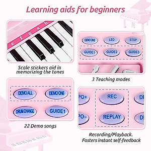Kids Piano Keyboard Toys 37 Keys,Grand Piano for Beginners,3 4 5 6 Years Old Toddler Girl Boy Gift,Educational Musical Instrument,w/Microphone,Stool,Piano Lid,Lights,Note Stickers,Enamel Finish- Pink
