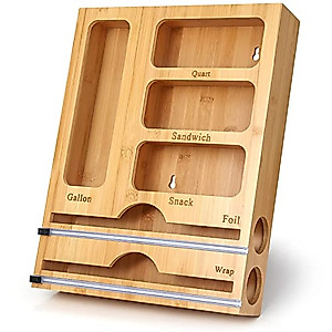 Bag Storage Organizer and Wrap Dispenser with Cutter for Kitchen Drawer, Bamboo Bags Compatible Foil, Wax, Ziploc Gallon, Quart, Sandwich Snack Variety Size 12'' Rolls, 1.0 Count, (Pack of 1)