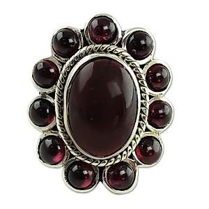 NOVICA Artisan Handmade Garnet Cocktail Ring Floral Jewelry Sterling Silver Red India Bollywood Birthstone [crownbezel 1 in L x 0.8 in W x 0.4 in H Band Width 3 mm W] ' Scarlet Petals'