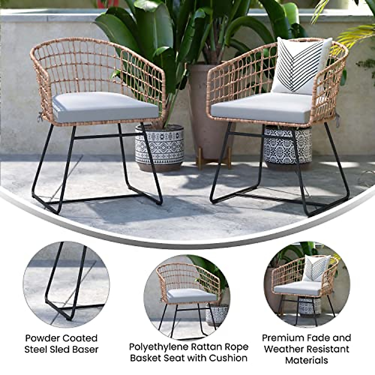 Flash Furniture Devon Set of 2 Indoor/Outdoor Patio Boho Club Chairs, Rope with PE Wicker Rattan, Cushions and Sled Base, Natural/Light Gray