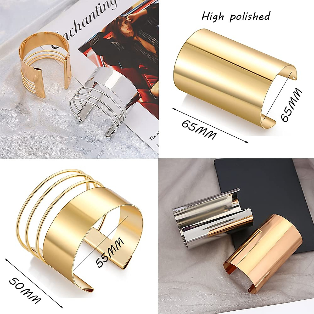 MOZAKA 6Pcs Wide Cuff Bangle Bracelet Set for Women Open Thin Thread Wire Smooth Grooved Armband Bracelets Adjustable Wrist Jewelry Set(Gold)