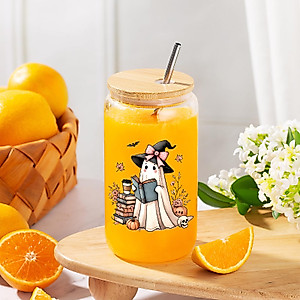 Halloween Gifts for Book Lovers Women - Birthday Christmas Book Club Gifts for Bookish Librarian Bookworm Readers - Cute Witch Spooky Gifts Reading Witchy Wizard Hat Glass Iced Coffee Cups with Lids