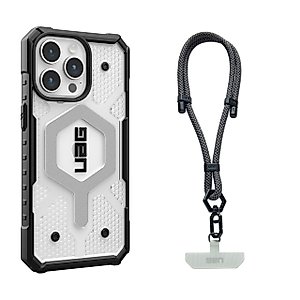 URBAN ARMOR GEAR UAG Designed for iPhone 15 Pro Max Case Pathfinder Clear Ice/Silver 6.7" Bundle with UAG Civilian Phone Lanyard Adjustable Wrist Strap Graphite/Black