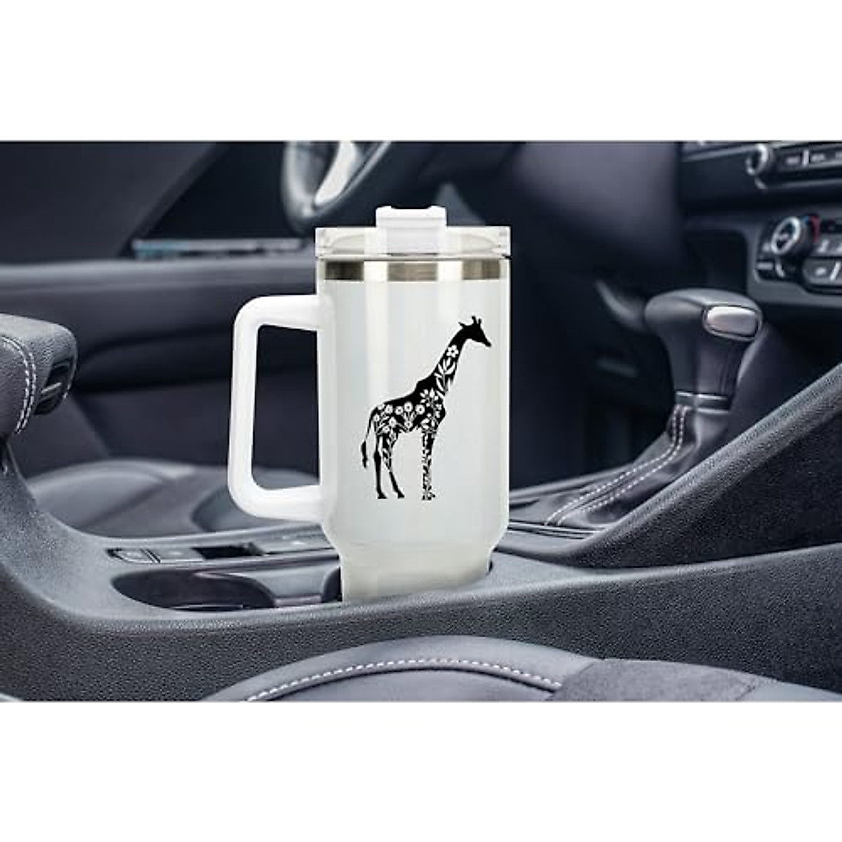 Elanze Designs Giraffe Growing Wildflower Animal Floral Motif 40 Oz. Stainless Steel Water Bottle Coffee Mug, Spill & Leak Resistant, Travel Tumbler with Handle, Lid & Straw, White Shimmer