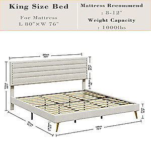 LIKIMIO King Size Bed Frame, Upholstered Platform Bed King with Headboard Heavy Strong Metal/Wood Supports, Easy Assembly, Noise-Free, No Box Spring Needed, Beige