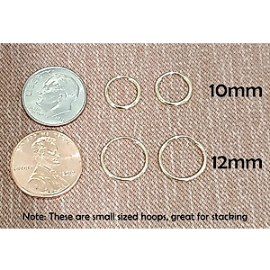 14k Gold Thin Continuous Endless Hoop Earrings, Two Pair Set Popular Small Sizes 10mm and 12mm Hoops (Yellow Gold)