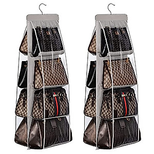Lirex 2-Pack Handbag Hanging Purse Organizer for Closet, 8 Pocket Handbag Storage Organizer Hanger Oxford Cloth Closet Organizer for Family Closet Bedroom, Foldable and Universal Fit, Grey