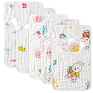 Zainpe 5Pcs Muslin Baby Bibs Star Cat Rabbit Pattern Cotton Lap-Shoulder Cloths Drool Bibs Machine Washable Pullover Feeding Bib with 6 Absorbent & Soft Layers for Unisex Infants Toddlers Newborns