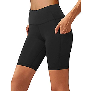Aoliks Women's 8" Biker Shorts with Pockets High Waist Tummy Control Running Workout Spandex Gym Volleyball Yoga Shorts Black