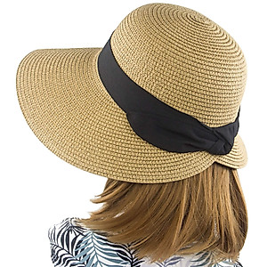 Womens Sun Straw Hat Wide Brim UV Protection Summer Hat Foldable Roll up Floppy Beach Hats with Bowknot Brown