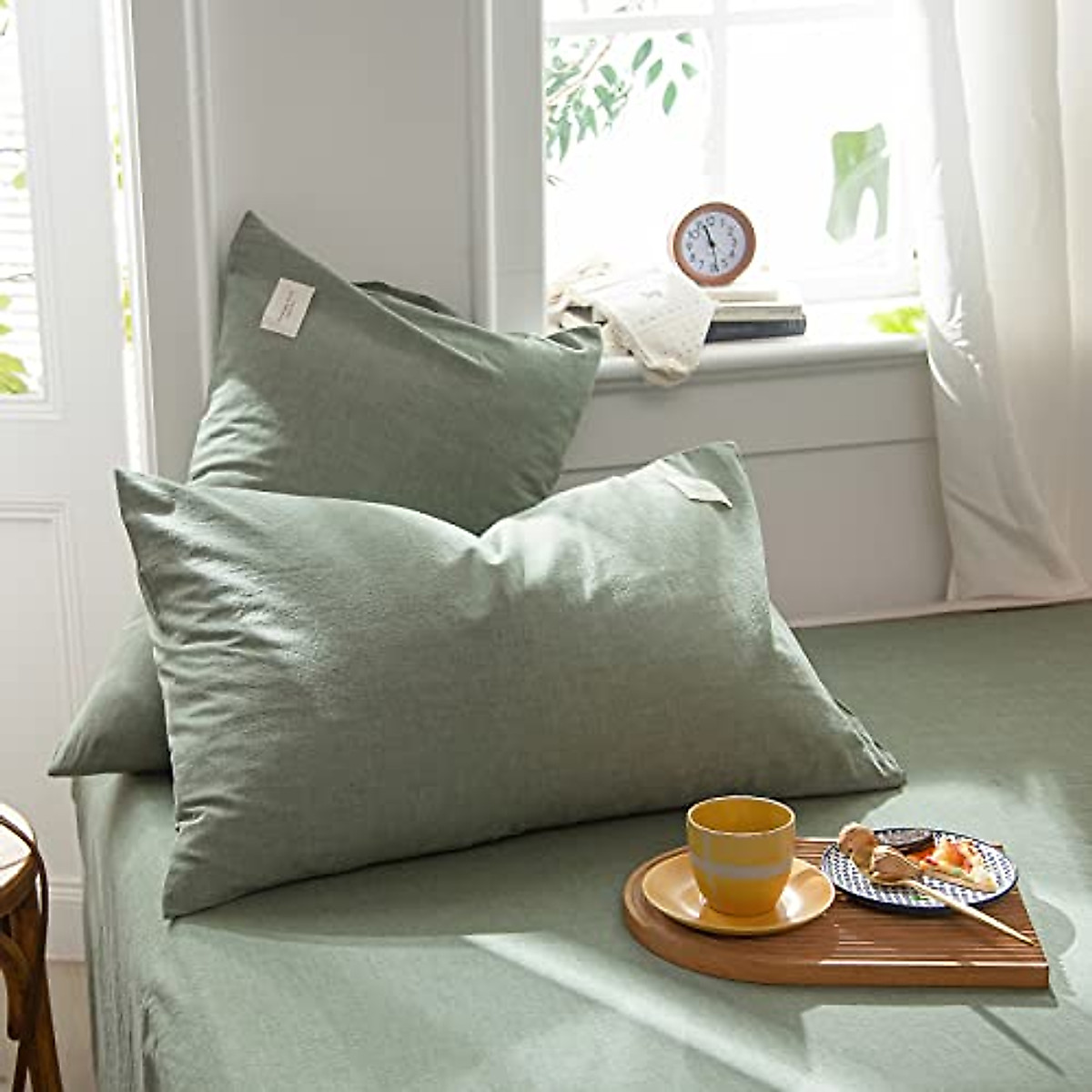 OS OMYSTYLE Sage Green Duvet Cover Queen Size 100% Washed Cotton Linen Like Textured for All Seasons, 3 Pieces Ultra-Soft Solid Color Bedding Set with Zipper Closure, 1Pc Duvet Cover 2Pcs Pillowcases