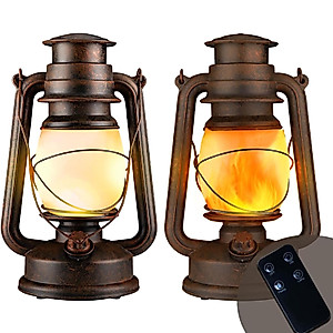 Dancing Flame Led Vintage Lantern, Outdoor Hanging Plastic Lantern Operated with Remote Control Two Modes Christmas Decorations Lights Battery Powered for Garden Patio Deck Yard Path 2 Pack
