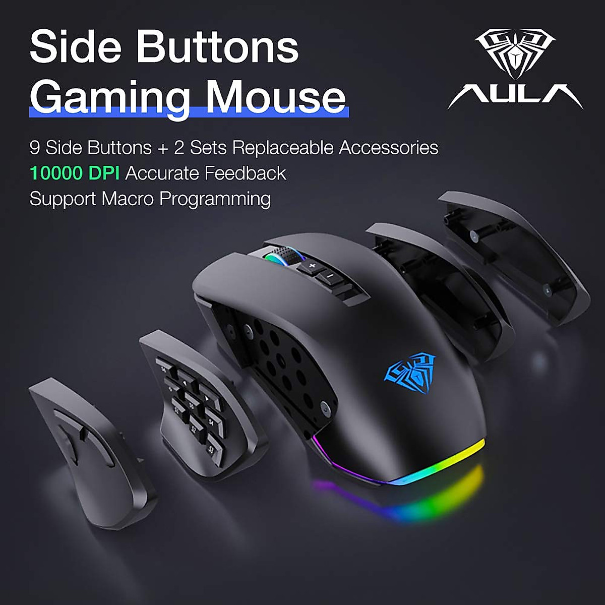 AULA H510 MMO Gaming Mouse, with Backlit RGB LED, 14 Buttons Programmable, 10,000 DPI, Ergonomic Optical Sensor USB Wired Computer Mice for FPS/MOBA Games, Black