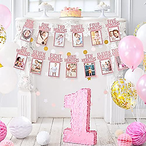 Whaline 1st Birthday Baby Photo Banner for Newborn to 12 Months, Monthly Milestone Photograph Bunting Garland, First Birthday Celebration Decoration (Rose Gold)