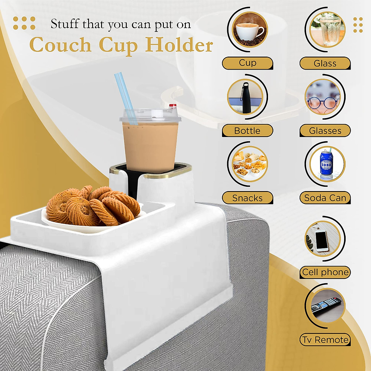 Couch Cup Holder| Portable Silicone Sofa Armrest Tray for Coffee Mug, Phone, Remote & Snacks| Strong and Weighted Sofa Cup Holder for Your Mom, Dad, Husband & Grandparents