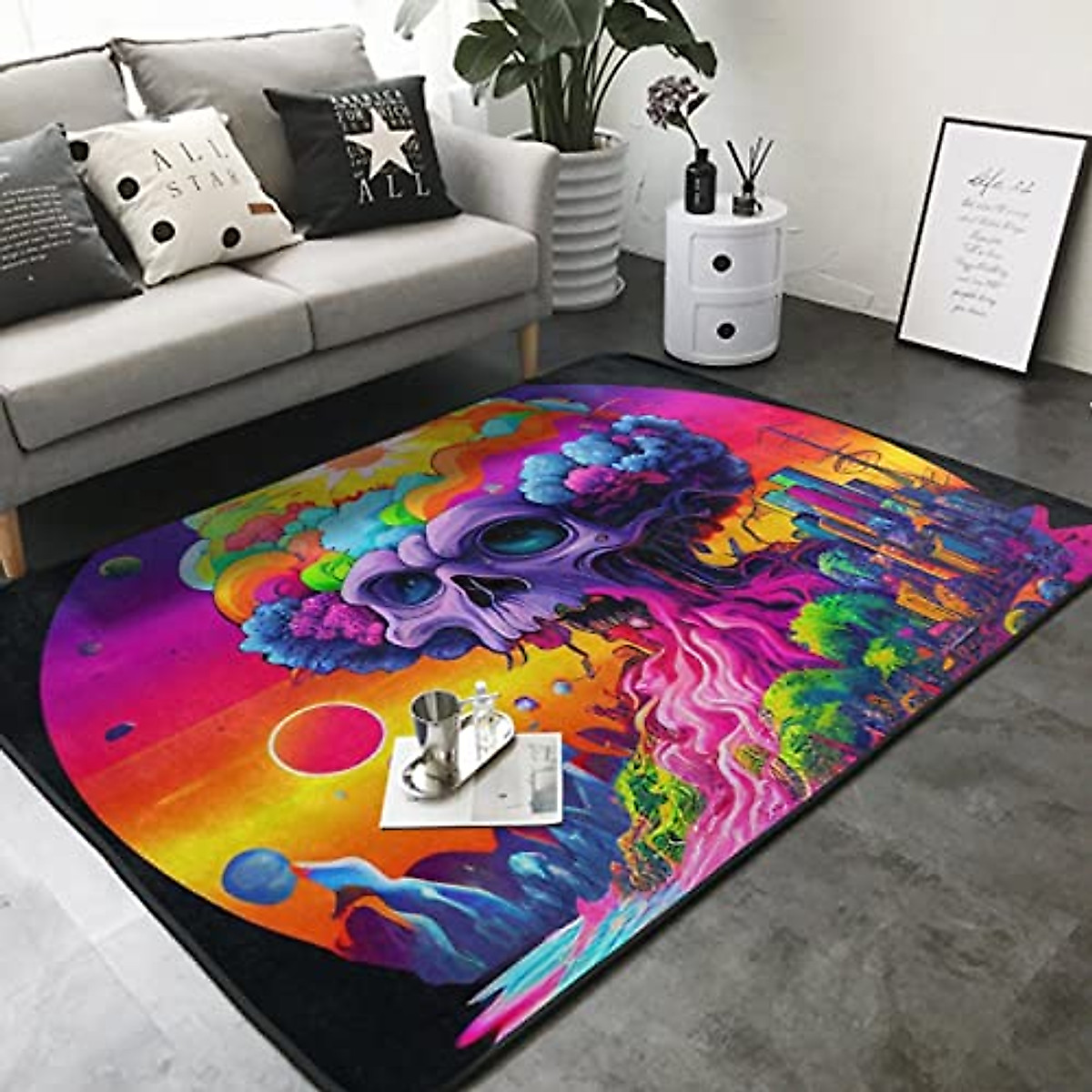 Memory Foam Psychedelic Skull City Art Kitchen Rug Play Blanket Extra Large Yoga Mat, Anti-Slip Backing Nursery Rugs, Absorbent Indoor Outdoor Entryway Rug