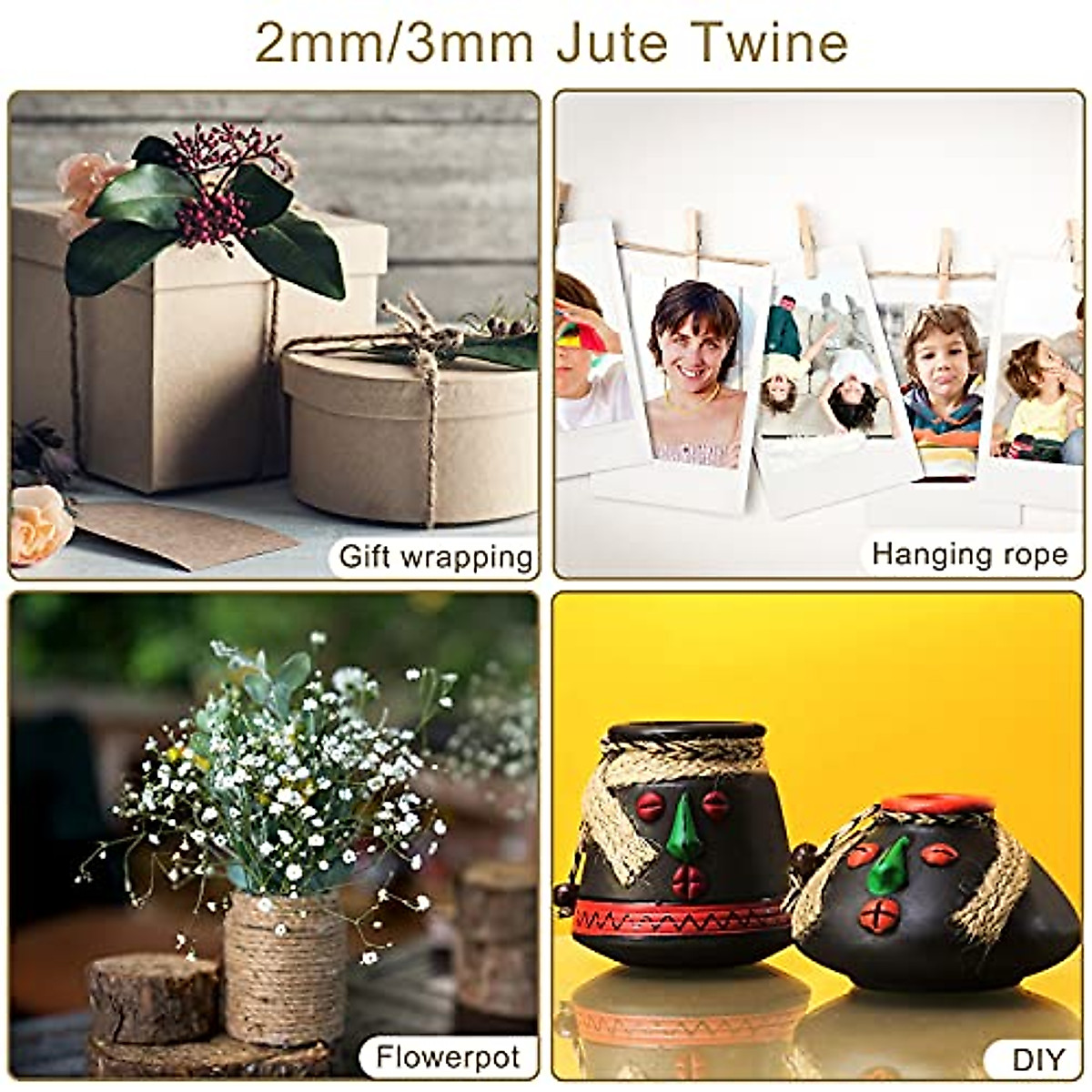 Handyman Crafts Natural Jute Twine Hemp Rope (1.5mm/2mm/3mm/6mm) Durable String for Handmde Crafts,Gardening Applications,Home Gardening,Cat Scratching Post,Gift Packaging. (3mm*328ft)