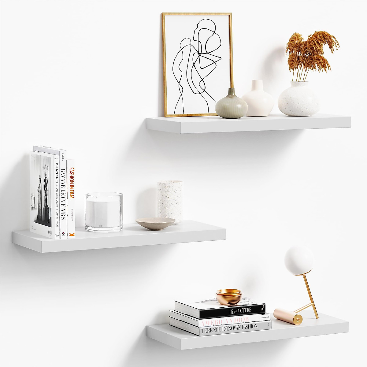 oridom Floating Shelves for Wall, White Wood Wall Shelf Set of 3, 16" Wall Mounted Floating Shelf for Kitchen, Living Room, Bedroom, Bathroom Storage, Book Shelf for Wall Home Decor, Frame Display