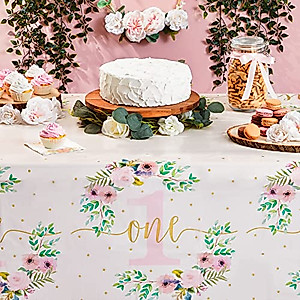 BLUE PANDA 3-Pack Floral Plastic Tablecloth Set, Baby Girl's 1st Birthday Party Supplies, Decorations for Birthdays, Anniversaries, Celebrations (Flower Design, 54x108 in)