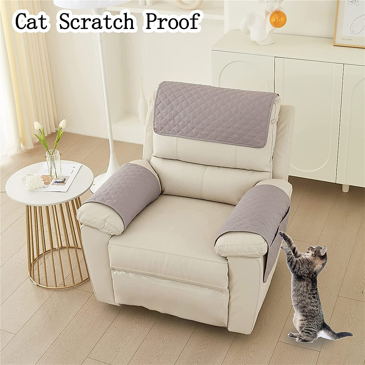 Sofa Armrest Cover, Water Proof 1/2/3 Seater Sofa Headrest Slipcovers Quilted Nonslip Removable Armchair Cover Furniture Protector for Recliner Leather Sofa Couch (Light Gray,3 Seat Recliner 5 pc)