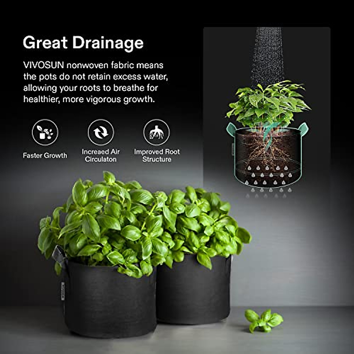 VIVOSUN 10-Pack 5 Gallon Grow Bags, Reinforced Planter Fabric Pots for Gardening Black