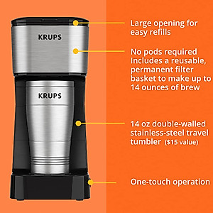 Krups Simply Brew Stainless Steel Single Serve Drip Coffee Maker and Travel Tumbler 14 Ounce Stainless Steel Tumbler Included 650 Watts Coffee Filter, Compact Silver and Black