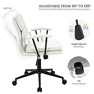422 Modern Linen Office Chair with Removable Padded Armrests, Premium Double Cushion, 135° Rocking Mid Back Ergonomic Computer Task Chair with Wheels for Home Study&Meeting(White)