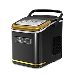 Ice Maker Countertop ZAFRO, Self-Cleaning Ice Machine with Ice Scoop and Basket, 26.5lbs/24h, 2 Sizes of Bullet Ice Cube, Black-Gold, Ideal for Home, Kitchen, Party, Dormitory.