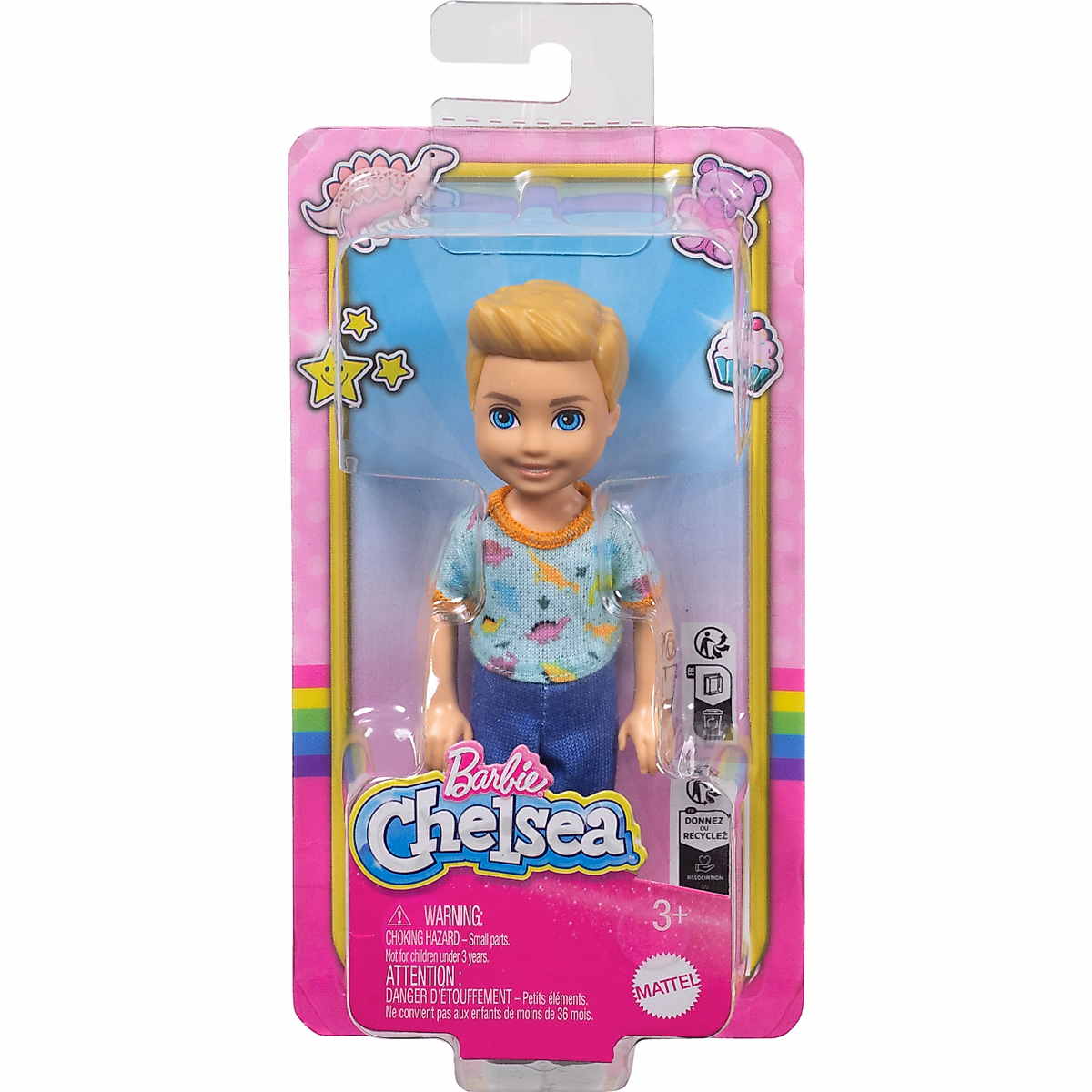 Barbie Chelsea Doll, Small Boy Doll Wearing Removable One-Piece with Dinosaur Print & White Shoes, Blond Hair & Blue Eyes