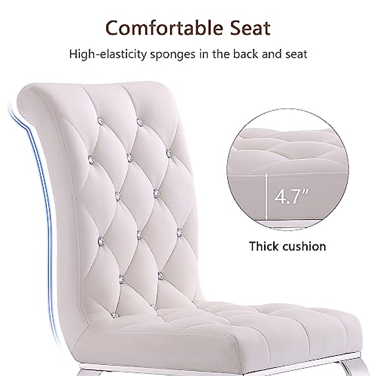 Anewsun Dining Chairs, White Velvet Upholstered Dining Room Chairs Set of 6, Crystal Decor Button Tufted Dining Chairs with Silver Mirror Legs