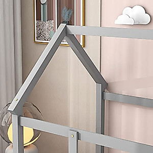 DEYOBED Twin Size Wooden Bed with House Roof Frame and Fence Guardrails, Twin Size Floor Bed Frame for Children - Gray Floor Bed