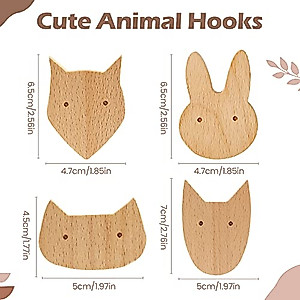 NUANNUAN 4 Pcs Cute Animal Hooks Wood Solid Wall Hanger, Creative Cat/Rabbit/Dog/Fox Shelf Reusable Cartoon Utility Hook for Kids Room Entryway Bedroom Key Coat Towels Hats Jackets Backpack Hanging