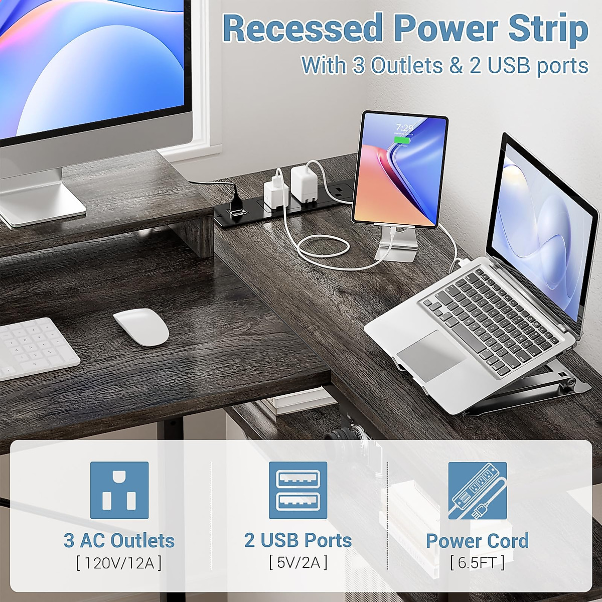 Aheaplus 53 Inch Gaming Desk with Power Outlets & LED Lights, Reversible L Shaped Computer Desk with 3 Drawers & Monitor Stand, Home Office Desk Corner Gamer Desk with Storage Shelves, Black Oak