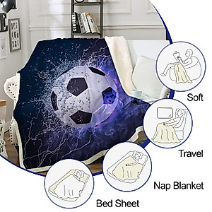 WONGS BEDDING Socccer Throw Blanket Reversible Purple Flame Soccer Pattern Blanket for Soccer Fans Teens Boys Kids, Cozy Warm Blanket for All Seasons, Plush Fleece Blanket Sofa Couch Bed 50" X 60"