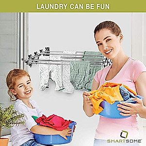 Smartsome Space Saver Fold Away Racks: Stainless Steel Wall Mounted Laundry Drying Rack, Easy to Install - 8 34" Rods, Total: 22.5 Linear Ft, 60 lb Capacity- Indoor and Outdoor Use