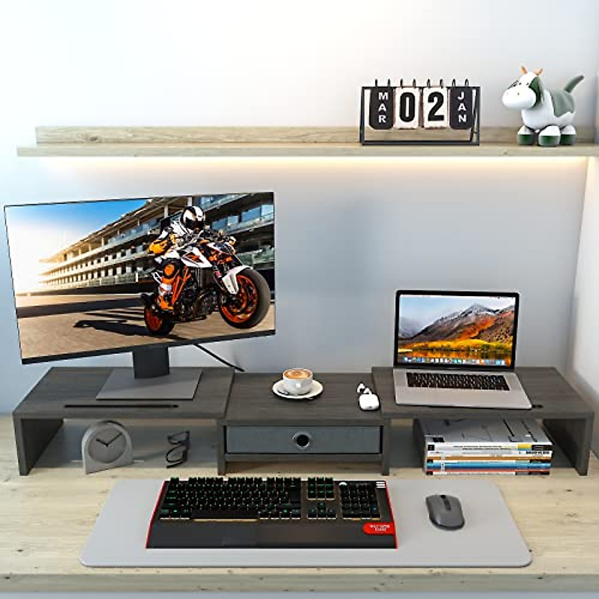WESTREE Dual Monitor Stand Riser with Drawer, 3 Shelf Computer Monitor Riser with Adjustable Length and Angle, Desktop Monitor Stand Riser Storage Organizer for 2 Monitors