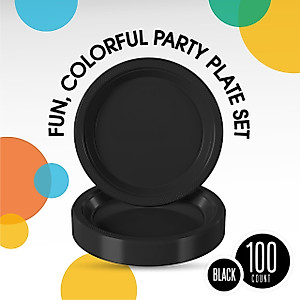Exquisite Black Plastic Plates For Party 7" Black Disposable Plates For Party Supplies 100 Pcs Disposable Dinner Plate Heavy Duty 350 GSM Plate Sets, Plastic Dinnerware Sets