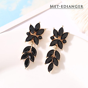 Met-edianger Black Rhinestone Drop Dangle Earrings Wedding Earrings for Brides Bridesmaids Fancy Crystal Leaf Bridal Earrings for Women