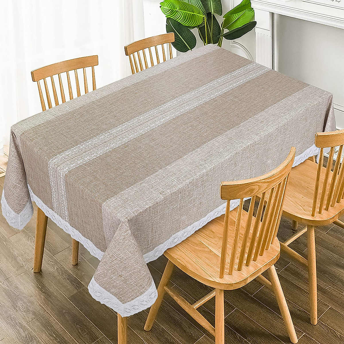 JUCFHY Vinyl Tablecloth with Flannel Backing,Plastic Waterproof Rectangle Tablecloths,Wipeable Table Cloth for Garden Kitchen Indoor & Outdoor, Washable PVC Table Cover(Brown Stripes,58 x 104 Inch)