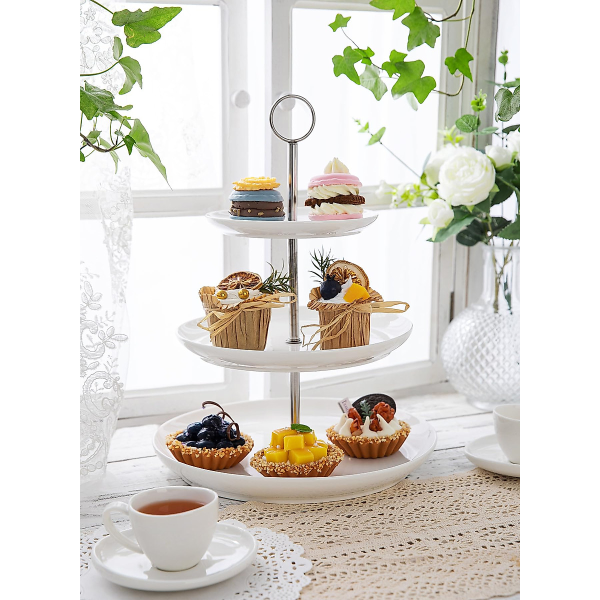 Sweese 10inch Porcelain Cake Stand Round Dessert Stand White + 3 Tier Cupcake Stand Porcelain Dessert Stand White