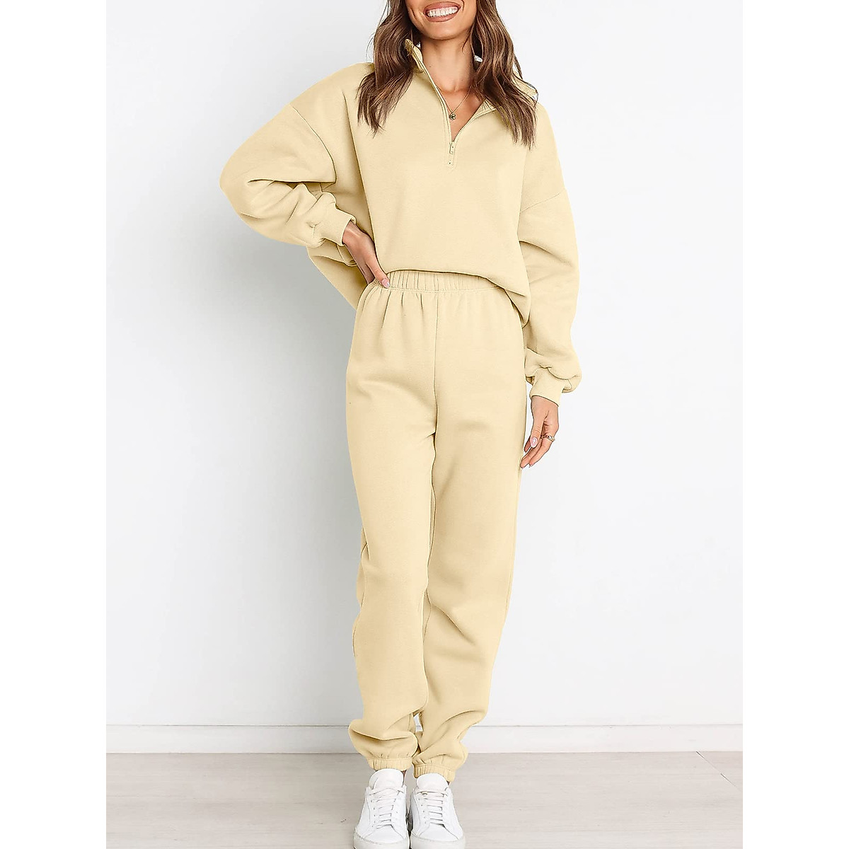 Prinbara Women 2 Piece Outfits Sweat Set 2024 Fall Oversized Sweatshirts Jogger Sweatpants Lounge Sets Tracksuit Khaki Small