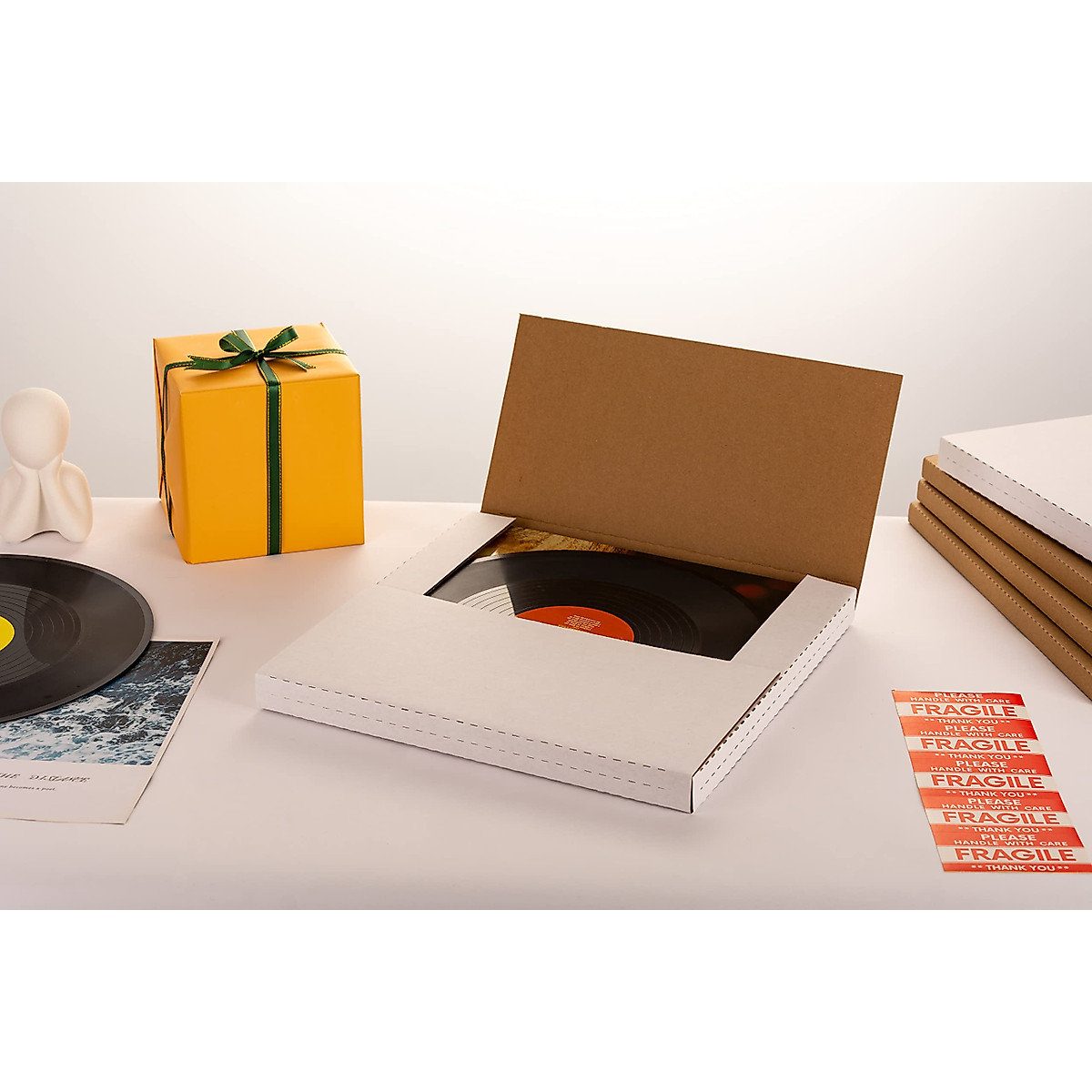 YUSHYIJIE 50 Pack LP Mailers, 12.8"L x 12.8"W x 1"H Kraft Vinyl Record Shipping Boxes for Mailing, Packing, Moving, Storage, Corrugated Album Box with Fragile Stickers