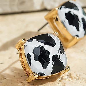 Kathaya Jewel Statement Stud Earrings Animal Cow Print Chic Glass Square Stud Western Cowhide Earrings (White Black)
