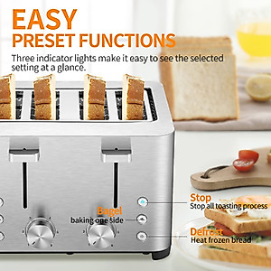 Kikiwell Toaster 4 Slice, Stainless Steel Bread Toasters, Extra Wide Slots, 6 Bread Shade Settings, Bagel/Defrost/Cancel Function, Removable Crumb Tray, 120V/1500W (4 Slice)