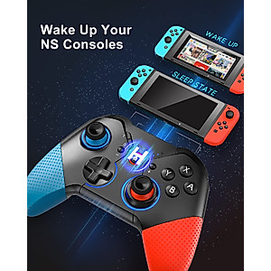 Switch Controller for Nintendo with Wake Up, Bluetooth Gamepad Remote Grip with Macro Motion Vibration Turbo RGB Light, Wireless Pro Controller Joy Con Switch for Kids Gifts - Blue&Red